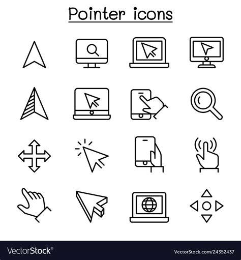 Pointer Cursor Icon Set In Thin Line Style Vector Image
