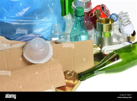 Trash For Recycling With Glass Bottles Cans Plastic Bottle And Bulb