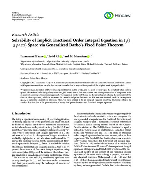 Pdf Solvability Of Implicit Fractional Order Integral Equation In ℓ P 1 ≤