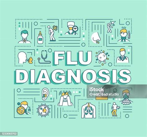 독감 진단 단어 개념 배너 아픈 환자 치료 호흡기 질환 민트 배경에 선형 아이콘이 있는 인포그래픽 격리 된 타이포그래피 벡터 윤곽rgb 색상 일러스트레이션 독감바이러스에