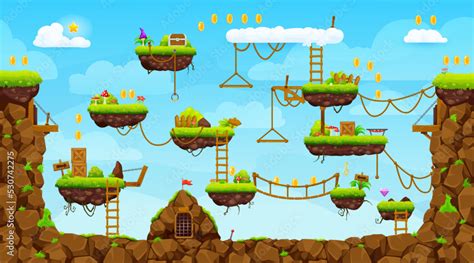 Arcade Game Level Map Intefrace Platform Stairs Coins Bonus And Quest Icons Vector