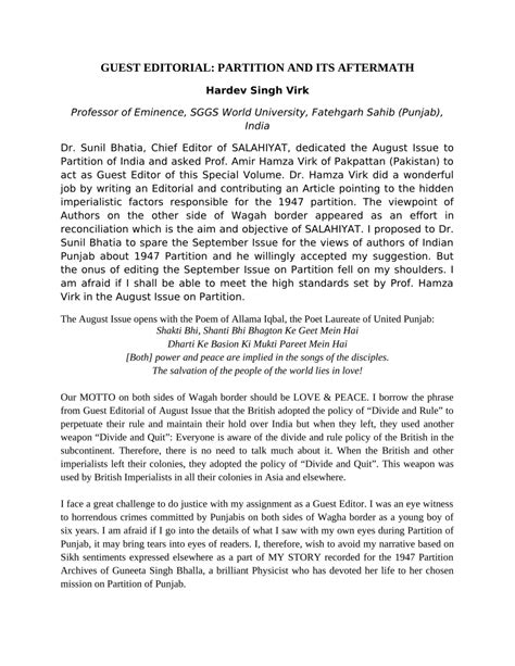 Pdf Guest Editorial Partition And Its Aftermath