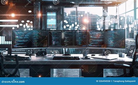 Modern Workstation With Multiple Monitors Displaying Code A Modern Workstation Featuring