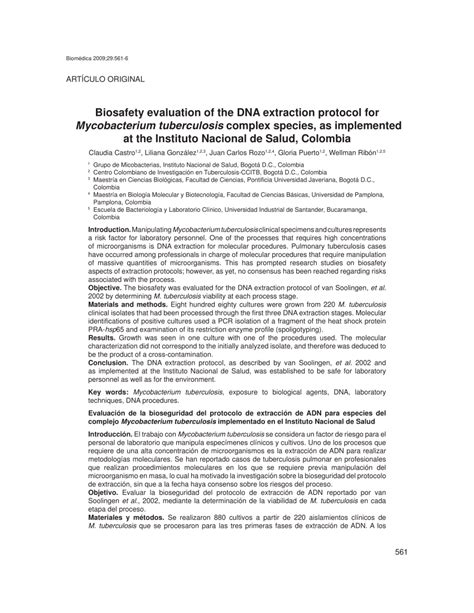 Pdf Biosafety Evaluation Of The Dna Extraction Protocol For Mycobacterium Tuberculosis Complex