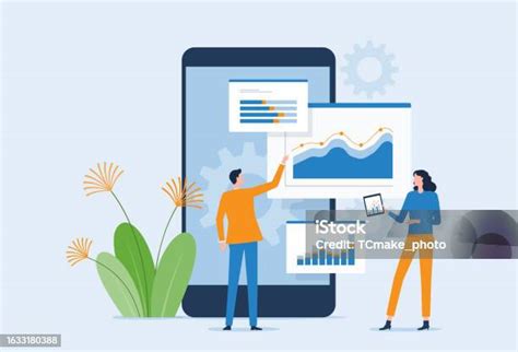 벡터 비즈니스 데이터 분석 연구 및 데이터 과학자 팀 회의 개념입니다 보고서 그래프 대시보드 모니터에서 함께 작업하는 비즈니스