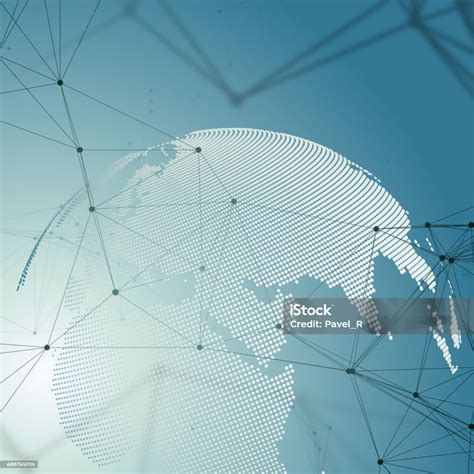 추상적인 미래 지향적 인 네트워크 모양 하이테크 배경 연결 선과 점 다각형 선형 질감 블루에 세계 지구 글로벌 네트워크 연결 기하학적 설계 데이터 분석 가상현실에 대한 스톡