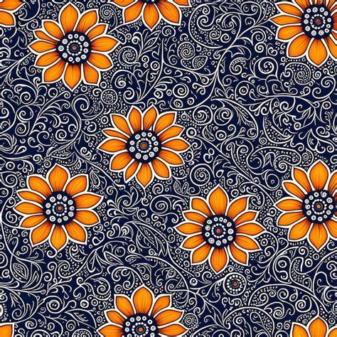Orange Flowers With White Swirls On A Blue Background Premium Ai