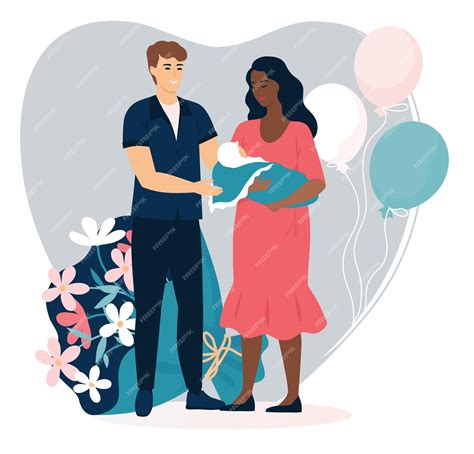 Мужчина и женщина с новорожденным ребенком счастливые родители плакат о родах плоская векторная