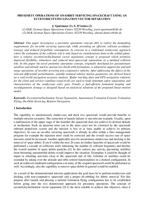 Pdf Proximity Operations Of On Orbit Servicing Spacecraft Using An Eccentricity Inclination