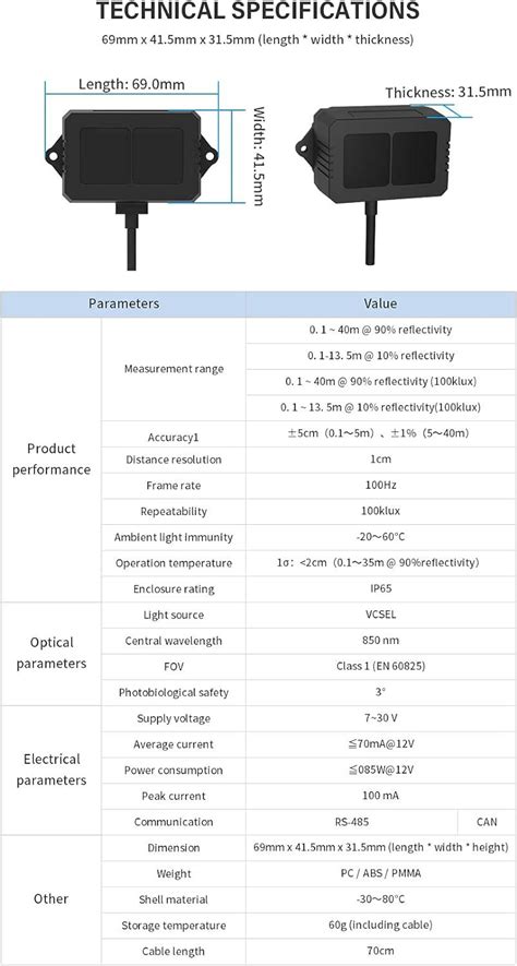 Tf02 I Lidar Sensor 40m Medium Range Distance Single Point Ranging