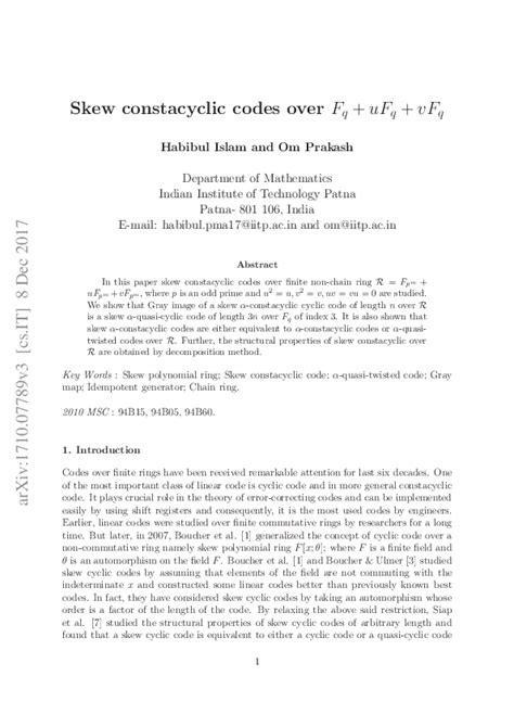 Pdf Skew Constacyclic Codes Over Fqufqvfq