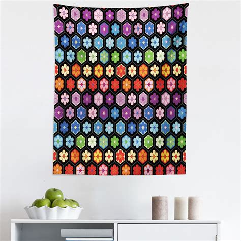 Flower Tapestry Colorful Vibrant Daisy Blossom Motifs Classic Hexagonal Comb Pattern Flower