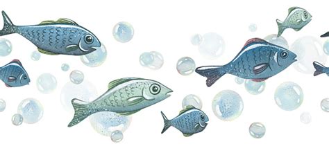 다양한 크기의 푸른 물 거품과 혼란스러운 순서의 물고기 수채화 손으로 그린 그림입니다 완벽 한 테두리 패턴 끝없이 반복되는 장식 흰색 배경에 귀여운에 대한 스톡 벡터 아트
