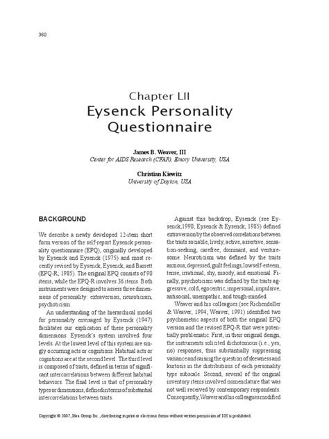 Eysenck Personality Questionnaire Pdf Extraversion And Introversion Quality Of Life