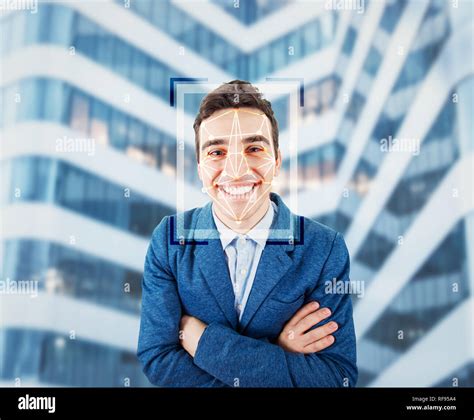 Young Smiling Man Facial Recognition System Futuristic Technology Face