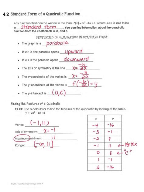 2 Standard Form Quadratic Function Guided Notes Key Pdf