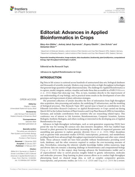 Pdf Editorial Advances In Applied Bioinformatics In Crops