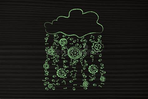 Cloud With Binary Code And Gearwheels Rain Stock Illustration