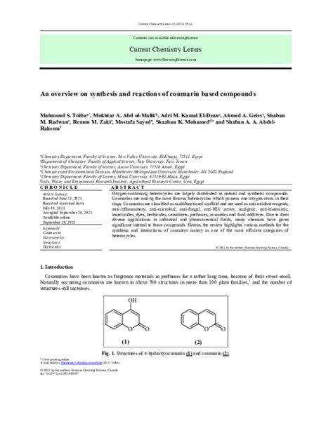 Pdf An Overview On Synthesis And Reactions Of Coumarin Based Compounds
