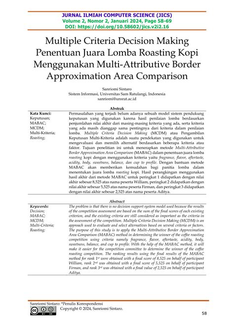 Pdf Multiple Criteria Decision Making Penentuan Juara Lomba Roasting Kopi Menggunakan Multi