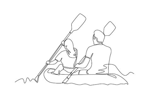 연속 한 선 그리기 젊은 부부가 함께 호수에서 카약 여행 경험 개념 단일 선 그리기 디자인 벡터 그래픽 그림 프리미엄 벡터