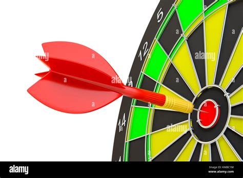 Close Up Red Dart Arrow On Center Of Dartboard Stock Photo Alamy