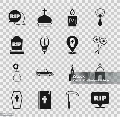 설정 음성 거품 립 죽음 오래 된 토굴 꽃 불타는 촛불 릴리 꽃 Rip 작성 된 삭제 표시 그리고 관 십자가 아이콘 벡터 0명에 대한 스톡 벡터 아트 및 기타 이미지