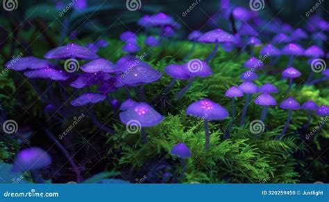A Patch Of Luminescent Mushrooms Their Caps A Mix Of Deep Purple And