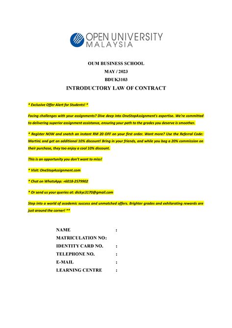 Bduk3103 Introductory Law Of Contract 1 Oum Business School May 2023 Bduk Introductory Law