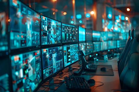 Hightech Control Room With Multiple Monitors Displaying Data And Analytics Premium Ai