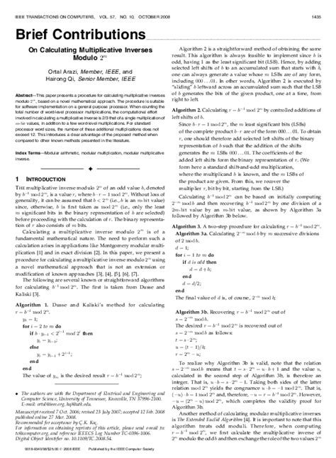 Pdf On Calculating Multiplicative Inverses Modulo 2 M