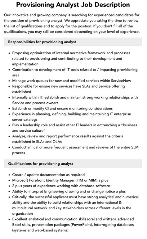 Provisioning Analyst Job Description Velvet Jobs