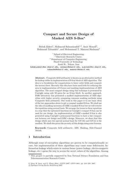 Pdf Compact And Secure Design Of Masked Aes S Box