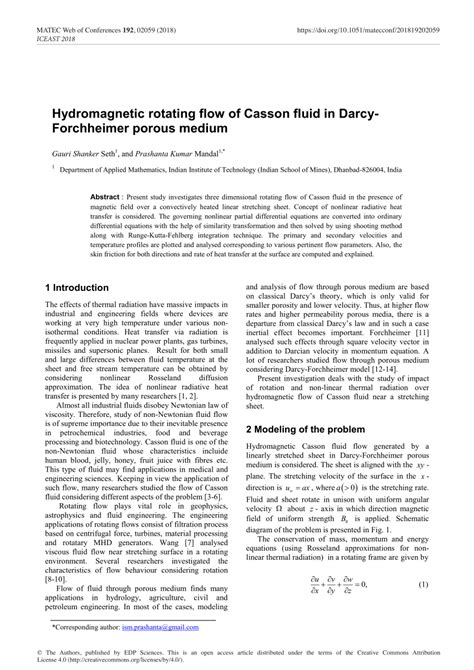 Pdf Hydromagnetic Rotating Flow Of Casson Fluid In Darcy Forchheimer Porous Medium