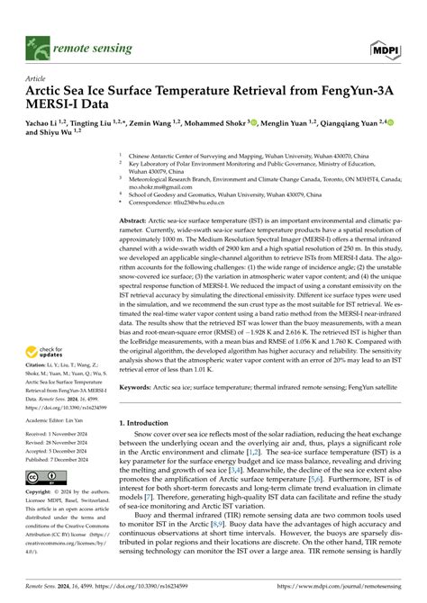 Pdf Arctic Sea Ice Surface Temperature Retrieval From Fengyun 3a Mersi I Data