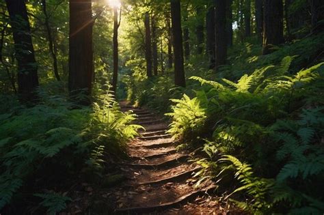 Sunlight Dappling Path In Dense Forest Premium Ai Generated Image