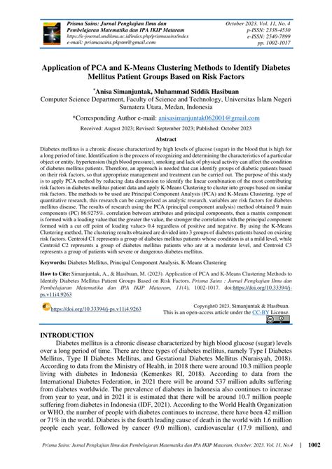 Pdf Application Of Pca And K Means Clustering Methods To Identify Diabetes Mellitus Patient