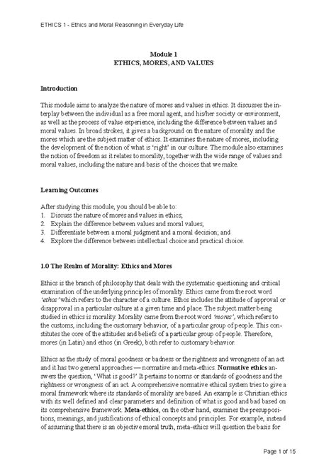 Ethics 1 Module 1 Lecture Notes 1 Ethics 1 Ethics And Moral Reasoning In Everyday Life