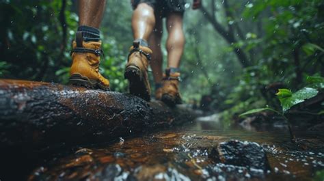 Premium Photo In A Pouring Forest An Asian Couple Tries To Get Over A Log Generative Ai