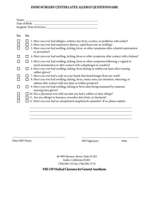 Fillable Online Indio Surgery Center Latex Allergy Questionnaire Fax