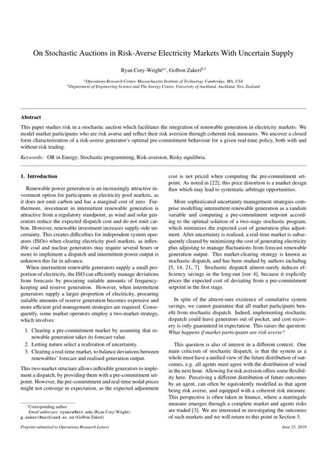 Pdf On Stochastic Auctions In Risk Averse Electricity Markets With Uncertain Supply