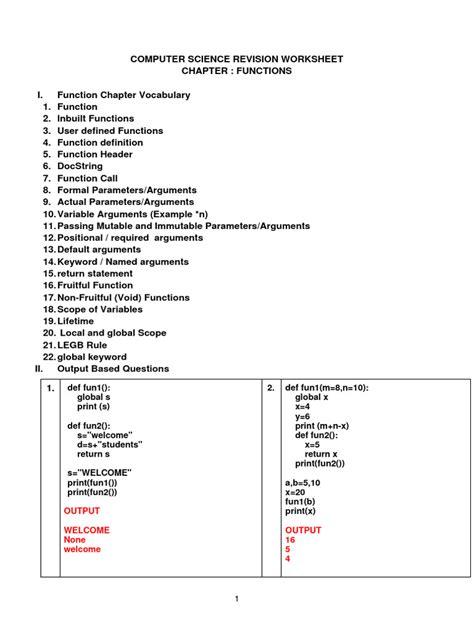 Functions Revision Worksheet Ak Pdf Parameter Computer Programming Computing