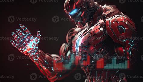 robot operating virtual interface and manipulating elements with robotic hand red holographic