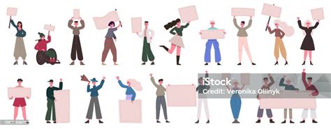 시위 운동가들 사람들은 배너를 들고 남성과 여성 매니페스트 활동가 정치 회의 및 데모 벡터 일러스트 레이션 세트 Revolution에 대한 스톡 벡터 아트 및 기타 이미지