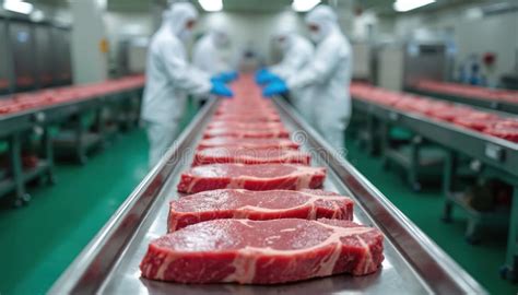 Modern Beef Processing Plant Features Rows Of Fresh Red Meat Steaks Moving Along Stainless Steel