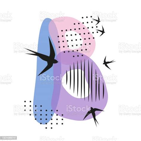 미니멀한 패턴은 제비의 무리의 문자 B 무리의 형태로 동양 스타일이 날아간다 추상적인 오브젝트 반점 점 검은 잉크와 깃털의 그림자 벡터 일러스트레이션 상형 문자의 형태로