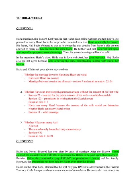 tutorial week 3 tutorial week 3 question 1 hariz married laila in 2000 last year he met