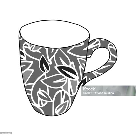 흰색 배경에 회색 잎 패턴이 있는 뜨거운 차 또는 커피 컵의 벡터 그림 귀여운에 대한 스톡 벡터 아트 및 기타 이미지 귀여운