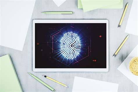 추상적인 창조적인 지문 홀로그램 연구 및 개발 개념을 가진 현대 디지털 태블릿 모니터 평면도 3d 렌더링 0명에 대한 스톡 사진 및 기타 이미지 Istock