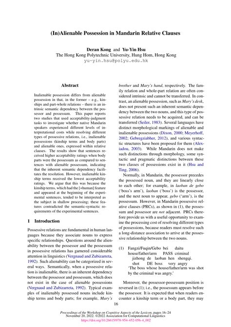 Pdf Inalienable Possession In Mandarin Relative Clauses